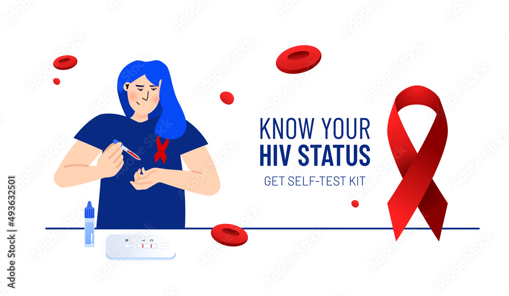 Young woman standing with pipette with blood for HIV self-test. Express ...