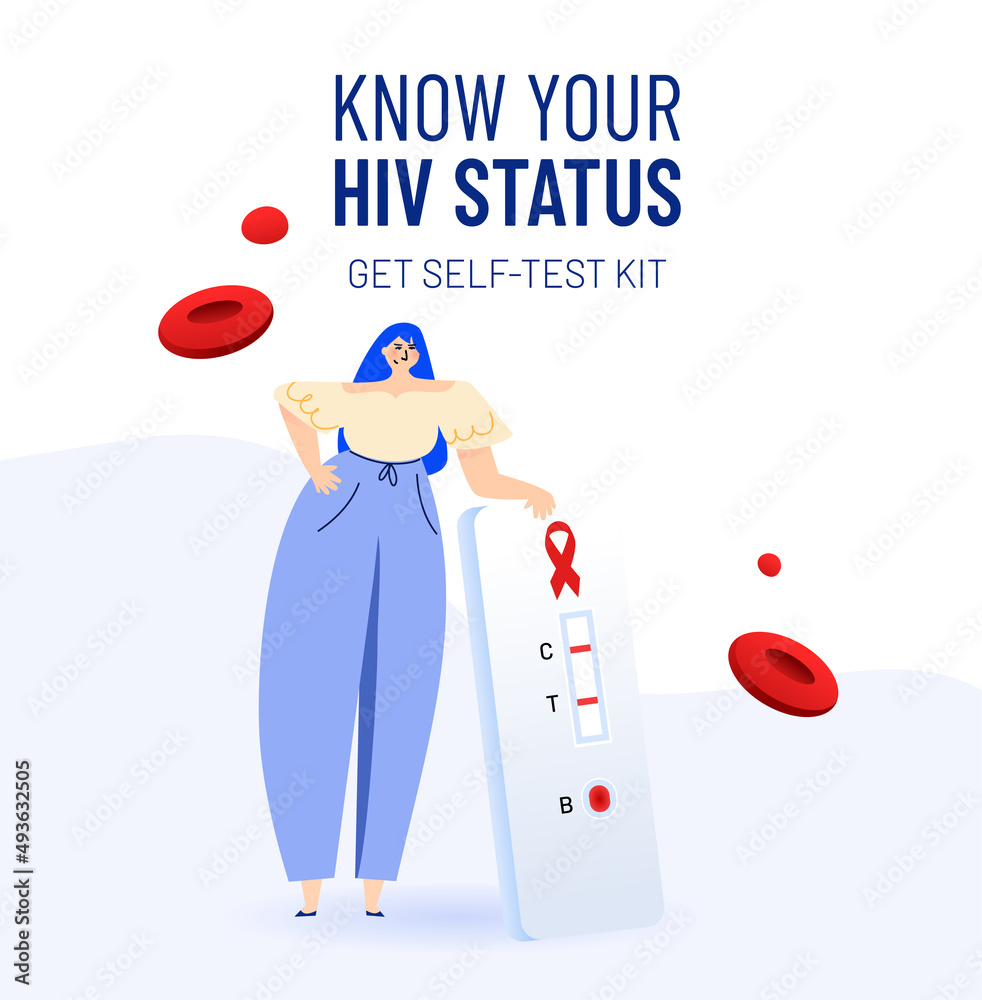 Young happy woman standing big HIV self-test. Express home kit for self ...