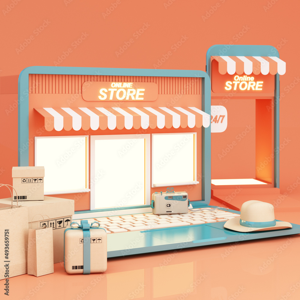 Marketplace online illustration, 3d style internet multi vendor store ...