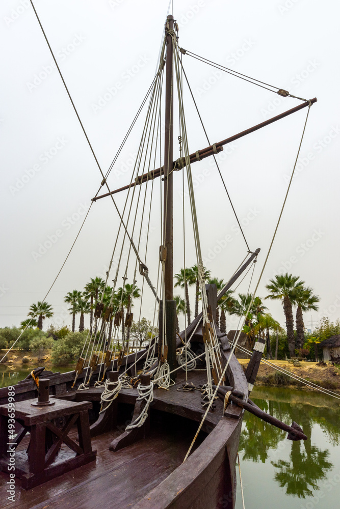 view of the foredeck of the historic Pinta sailing ship with ...