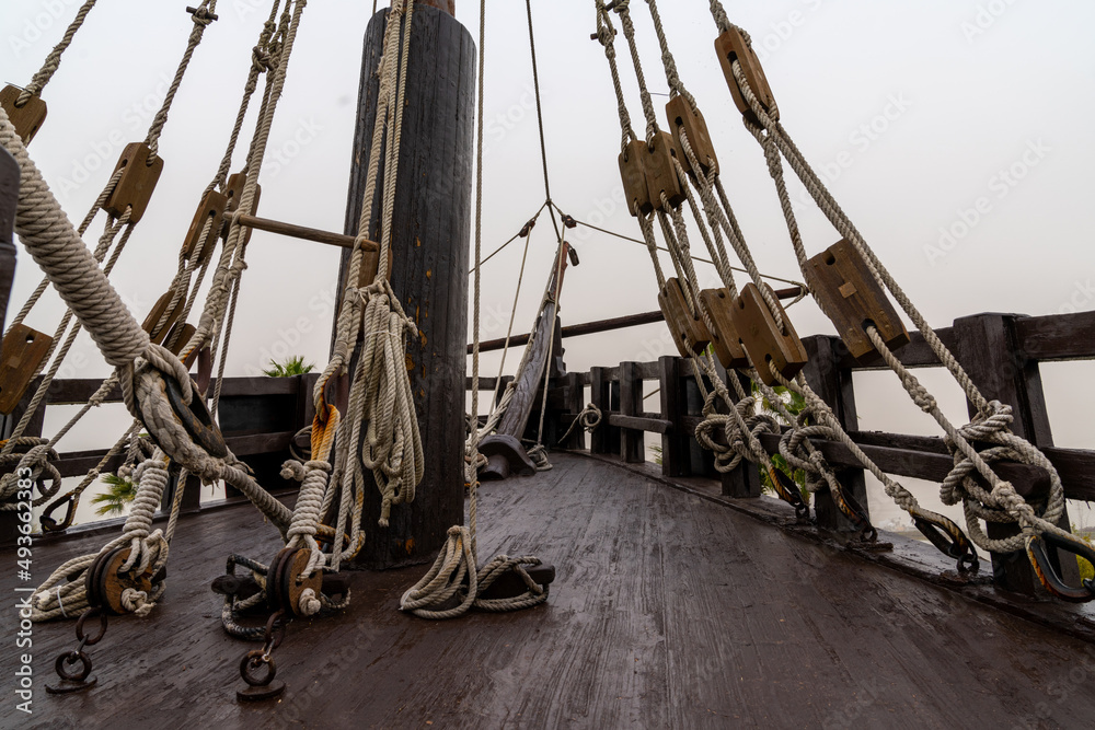 ropes and mast of an old wooden sailing ship in detail Stock Photo ...
