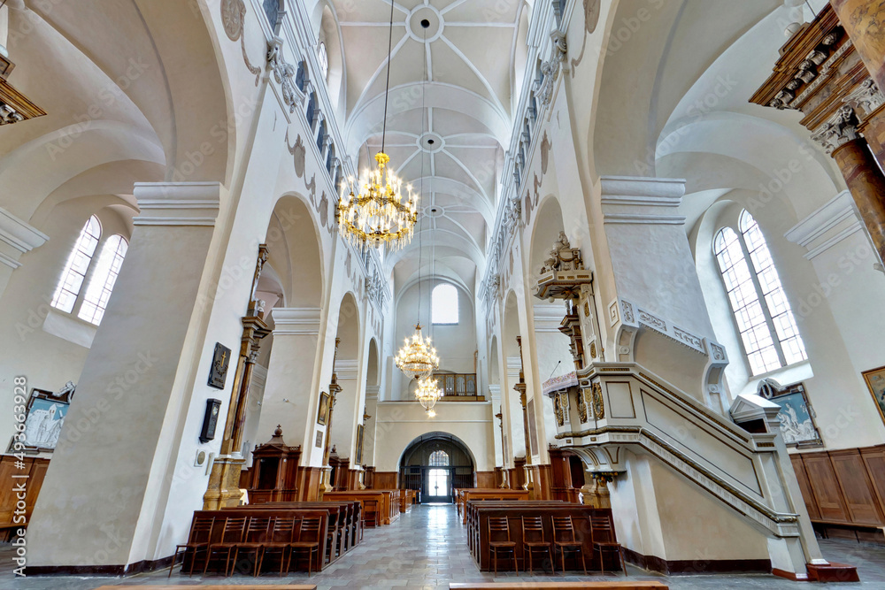 interior dome with altar and looking up into a old gothic catholic ...