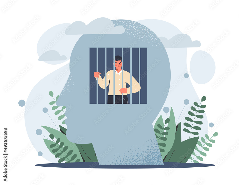 Mind prison concept. Man in silhouette of head behind bars. Sad guy ...