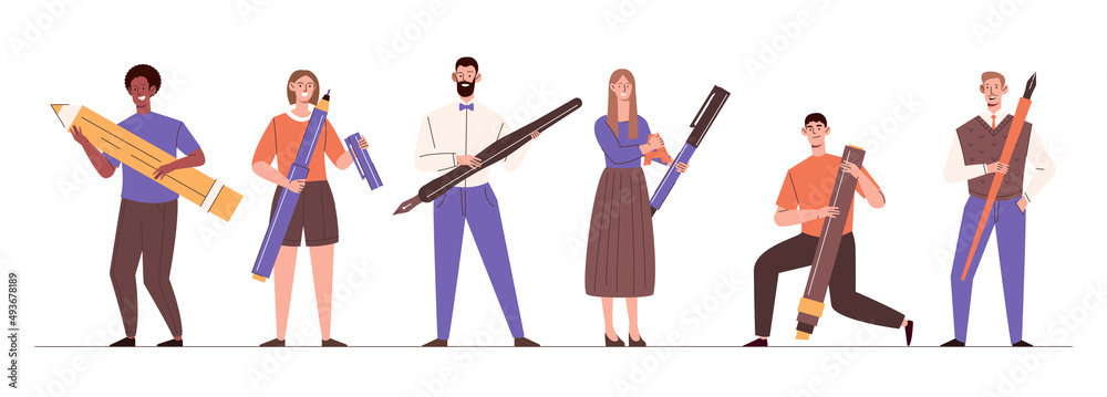 Set of people with pencils and pens. Men and women write and draw ...