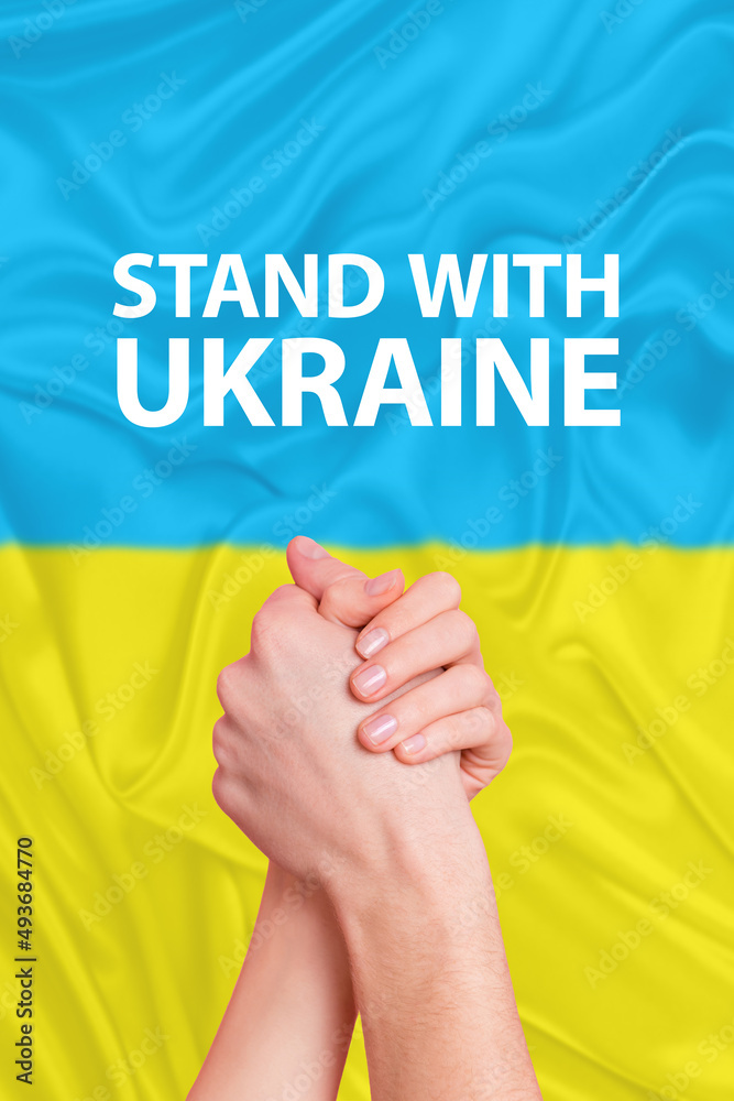 Stop Putin Stop War Banner text with Ukraine flag background two hands ...