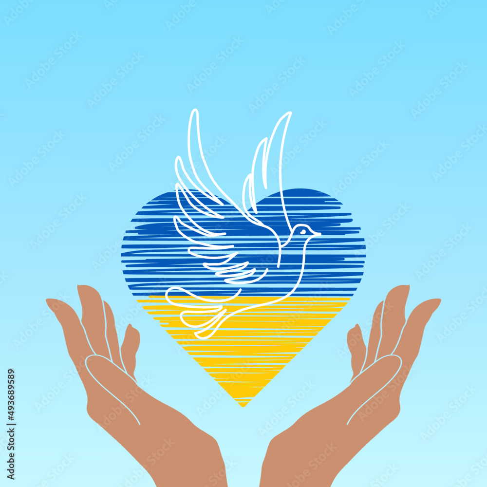 Heart in the blue and yellow colors with white dove, carefully protect ...
