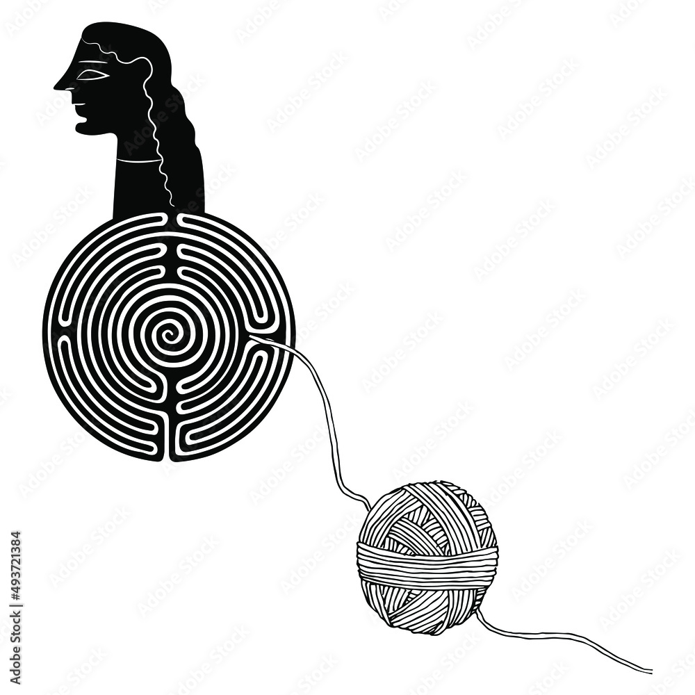Round spiral maze or labyrinth symbol with beautiful female head and ...