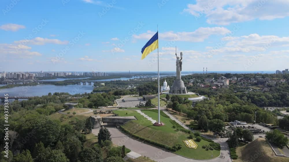 Kyiv - National flag of Ukraine by day. Aerial view. Kiev Stock Video ...
