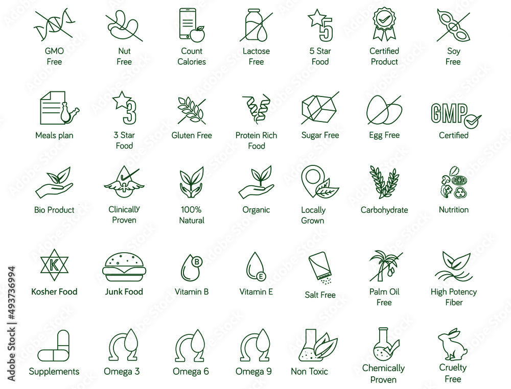food quality icon set, GMO, nut-free, calories, lactose, 3,5 star, soy ...