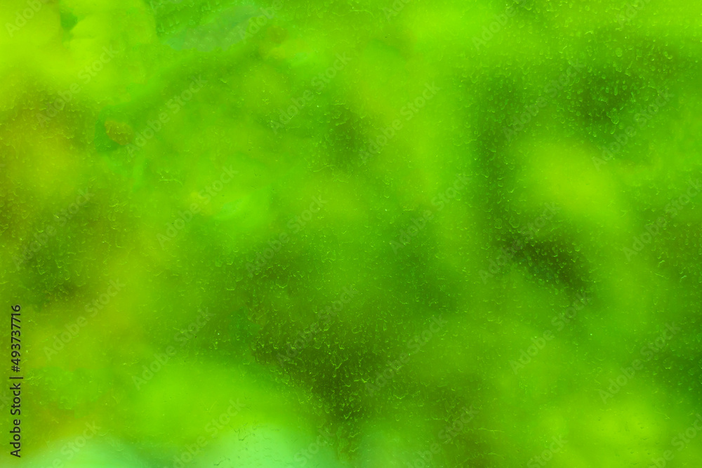 The surface of a window pane stained and streaked by dried raindrops ...