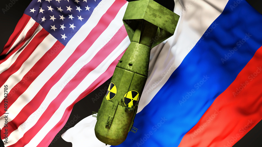 USA and Russia nuclear war, conflict and crisis. National flags and an ...