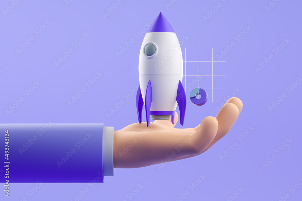 Cartoon hand launch business startup, rocket and graph chart Stock ...
