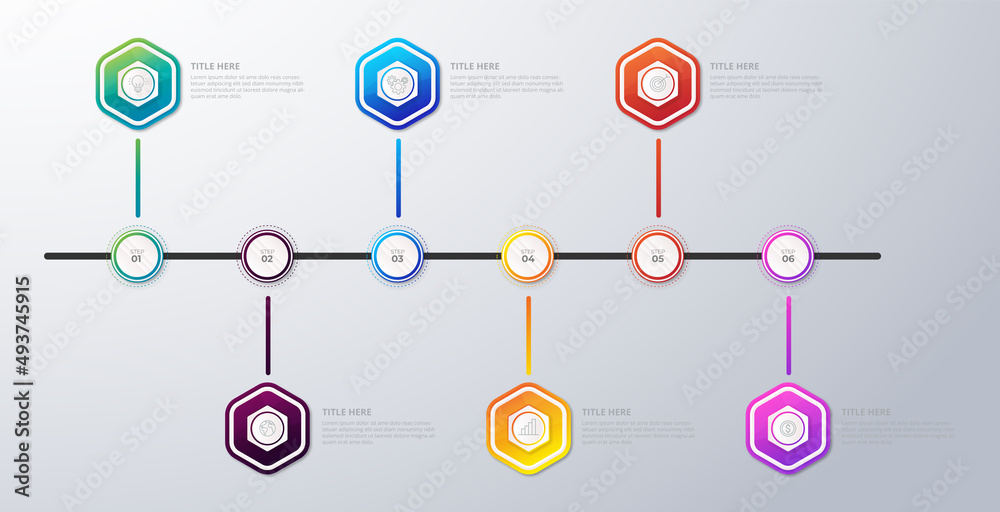 Vetor de Line step infographic. 6 options workflow diagram, circle timeline number infograph ...