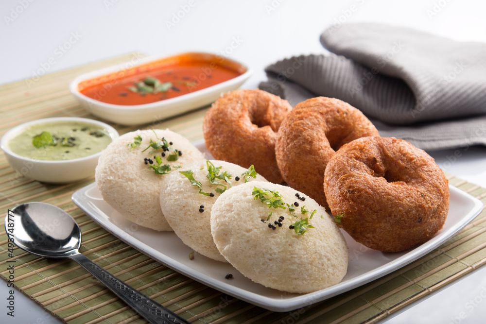 Medu wada idli sambhar south Indian dish. India food. Stock Photo ...