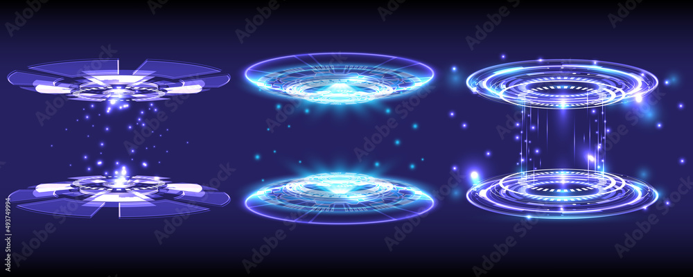 Sci-fi high-technology stage collection in glowing HUD. Magic warp gate ...