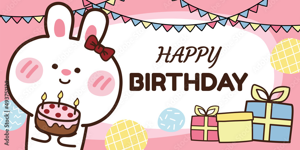 Happy birthday text with rabbit hold cake. Birthday background. Cartoon ...