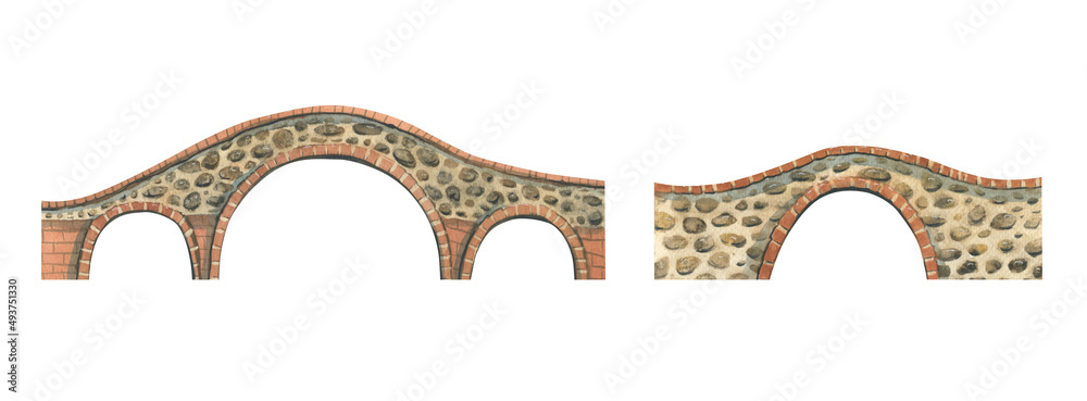 Watercolor illustration of stone bridges in the old town. Two ancient ...