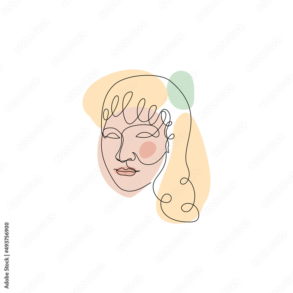 Female Face Single Line Drawing And Pastel Abstract Shapes Composition