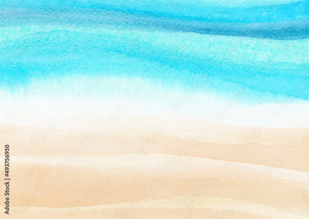 Watercolor painting blue ocean wave on sandy beach background. Abstract ...