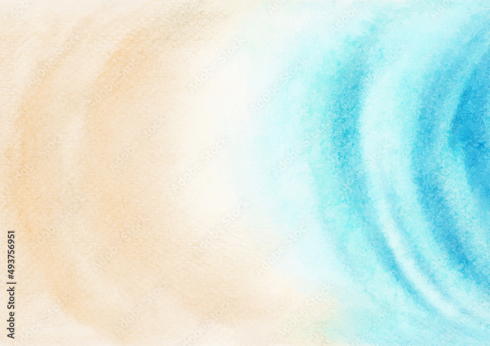 Watercolor painting blue ocean wave on sandy beach background. Abstract ...