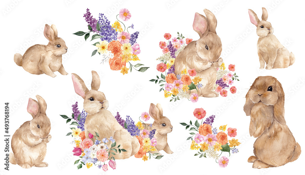 Watercolor hand draw cute bunny, spring set of rabbit. Delicate and ...