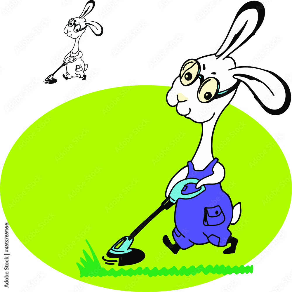 Сartoon Rabbit gardener with a trimmer mows the lawn. Stock Vector ...