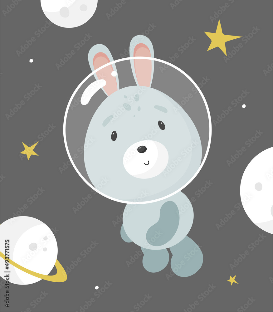 Cute Rabbit in the space. Cartoon style. Vector illustration. For kids ...