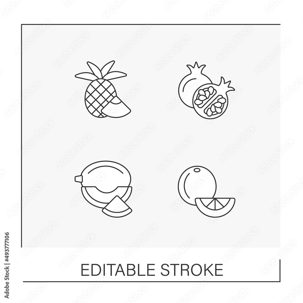 Fruits line icons set. Different types of tropical fruits. Balanced ...