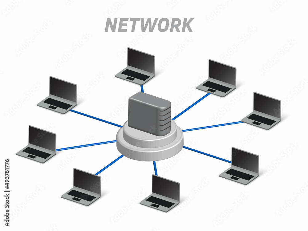 3D vector illustration of a local area network computer network with a ...