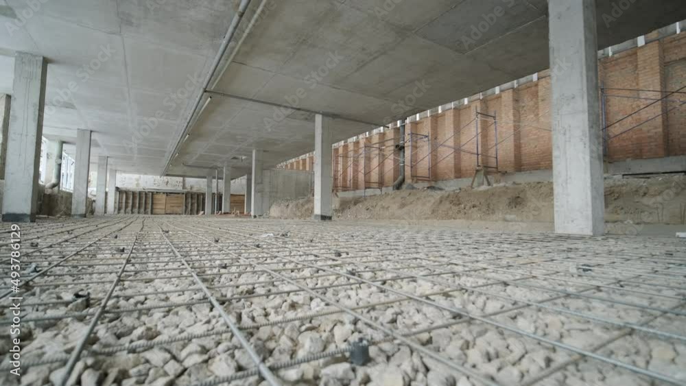 Rebar lathing on sand and crushed stone for concrete reinforcement and ...