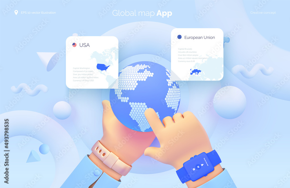 The hand selects a location on the map. World map user interface ...