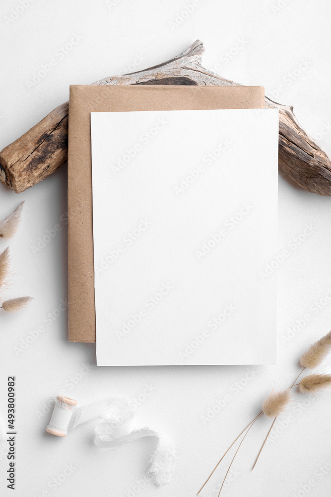 Wedding invitation card mockup 5x7 on white background with envelop and ...