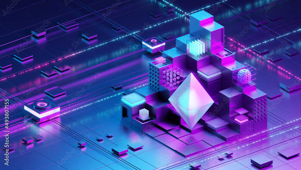 Blockchain digital data transmission isometric background. Nft non fungible token concept. 3d ...