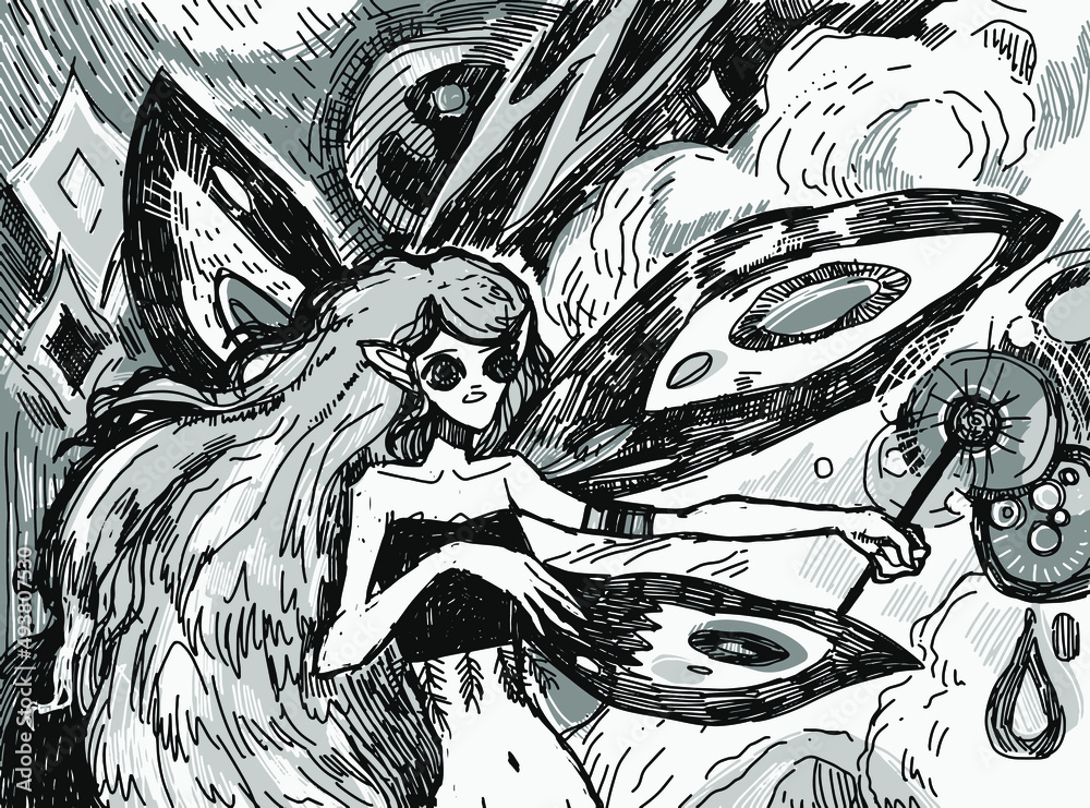 Hand drawn illustration with fairy. Fantasy magic drawing with elf ...