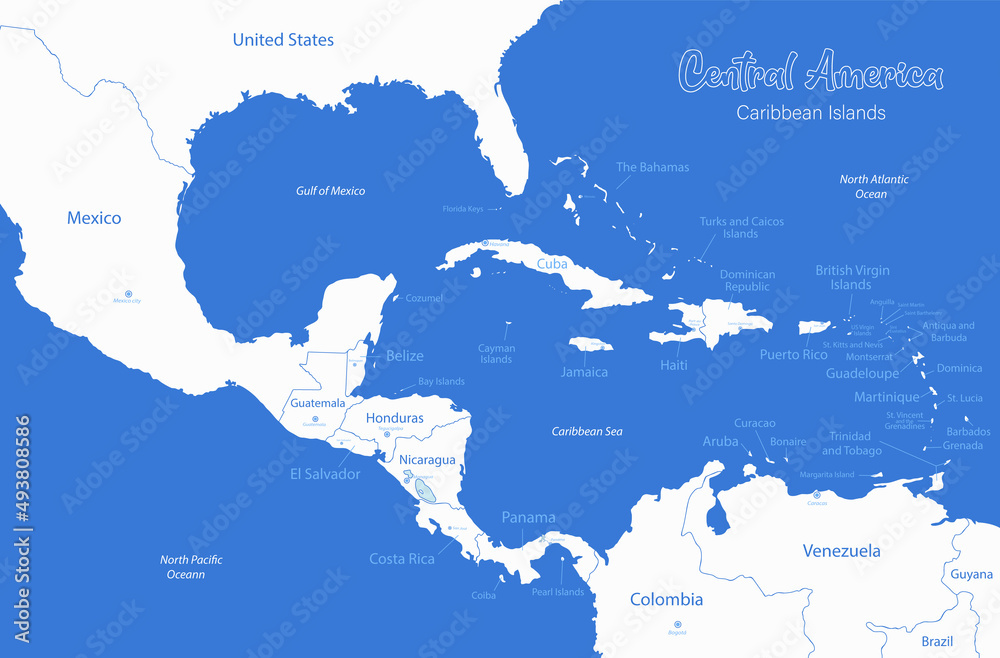 Caribbean islands and Central America map, individual states and ...