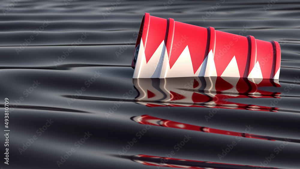 Oil drum with Bahrain national flag swimming in an ocean of black oil ...