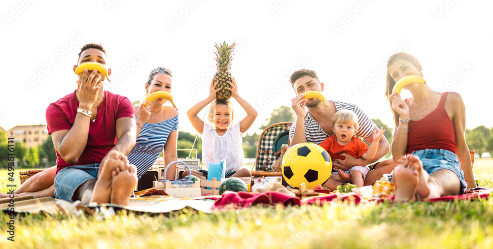 Young multicultural families having fun together with kids at pic nic party - Multiracial joy ...