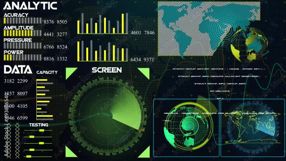 Radar HUD Screen Animation 4K. Motion graphic of colorful sonar radar ...