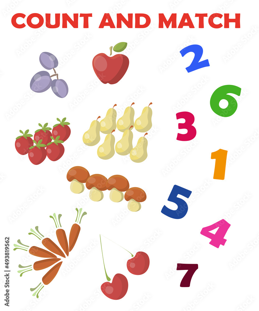 Count all fruit and vegetables and match with right numbers. Preschool ...