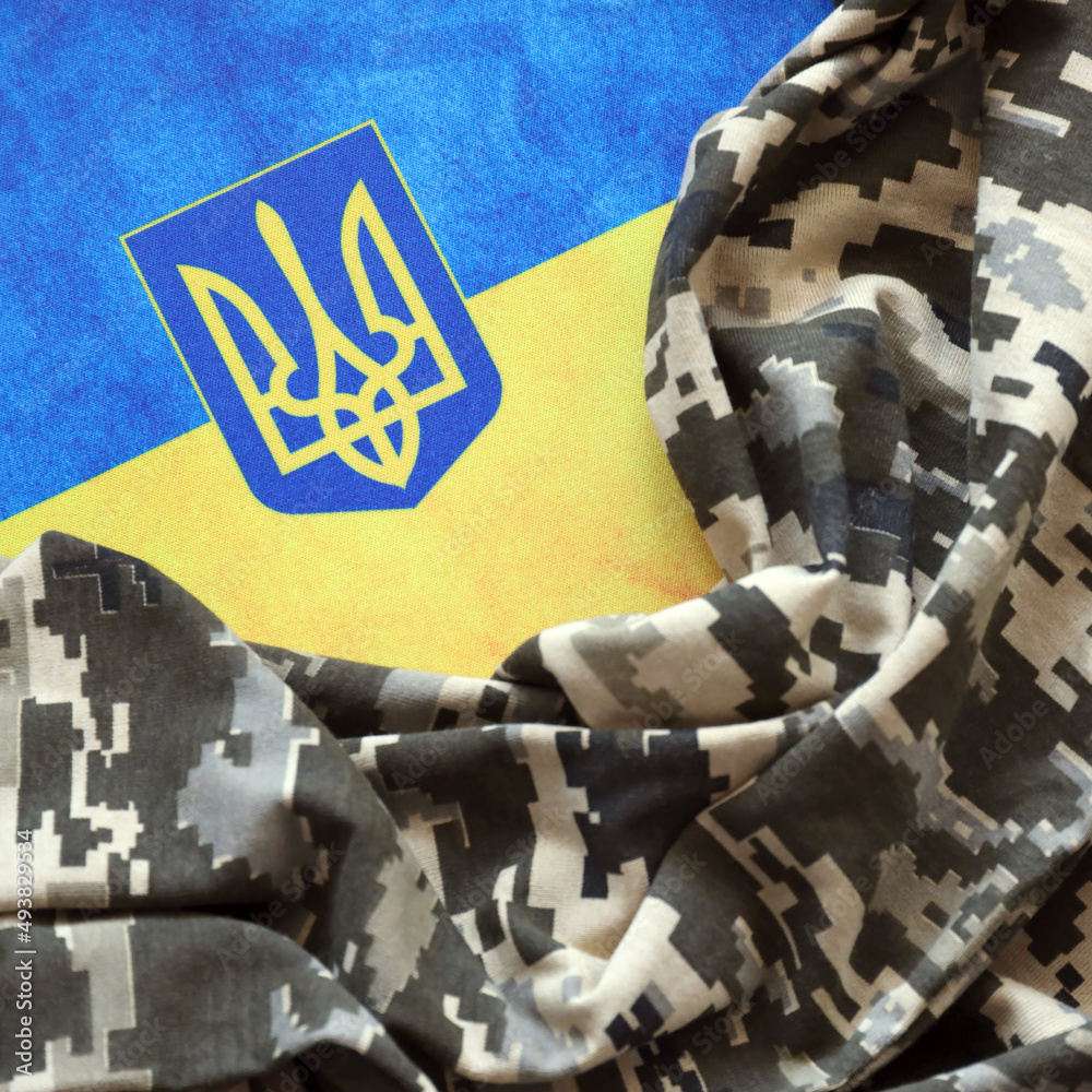 Ukrainian flag and coat of arms with fabric with texture of pixeled ...