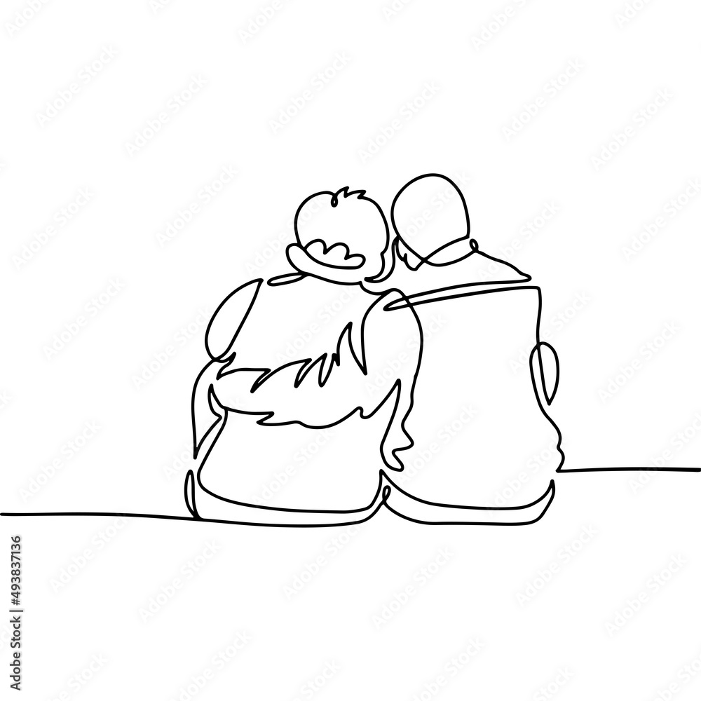 Elderly couple in continuous line art drawing style. Back view of ...