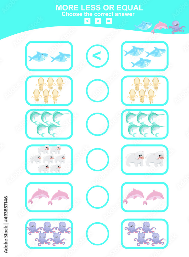 Choose more, less or equal game. Math education worksheet with animal ...