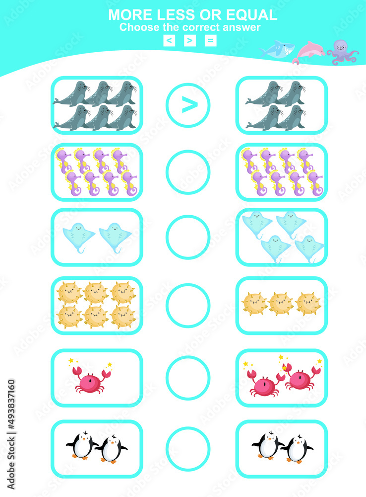Choose more, less or equal game. Math education worksheet with animal ...