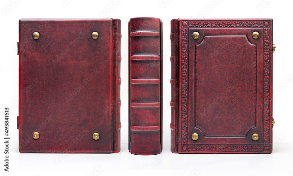 Red leather book cover with the frame and metal pins Stock Photo ...