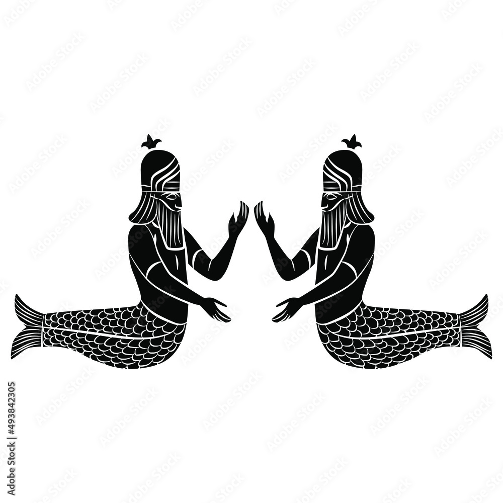 Symmetrical design with two fantastic Sumerican mermen. God Uanna or ...