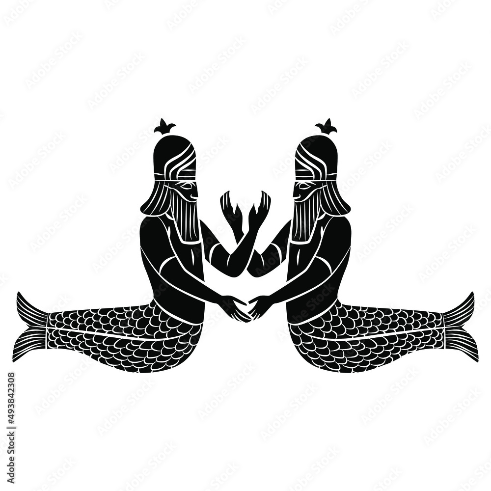 Symmetrical design with two fantastic Sumerican mermen holding hands ...