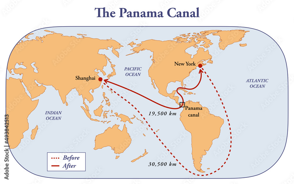 The Panama Canal And The Distance Benefits To The Shipping Routes Stock