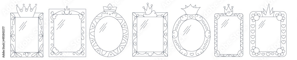 Princess mirrors with crown or tiara line vector illustration set ...