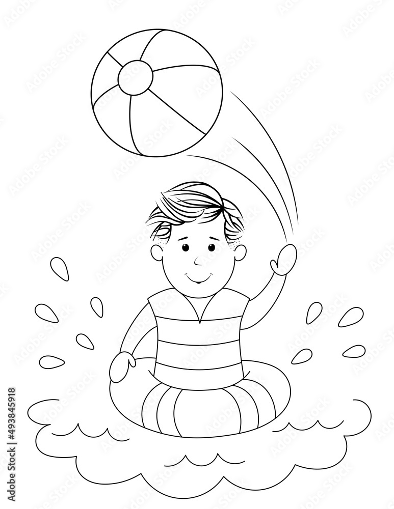 summer season coloring page for kids. cute little boy playing in a pool ...
