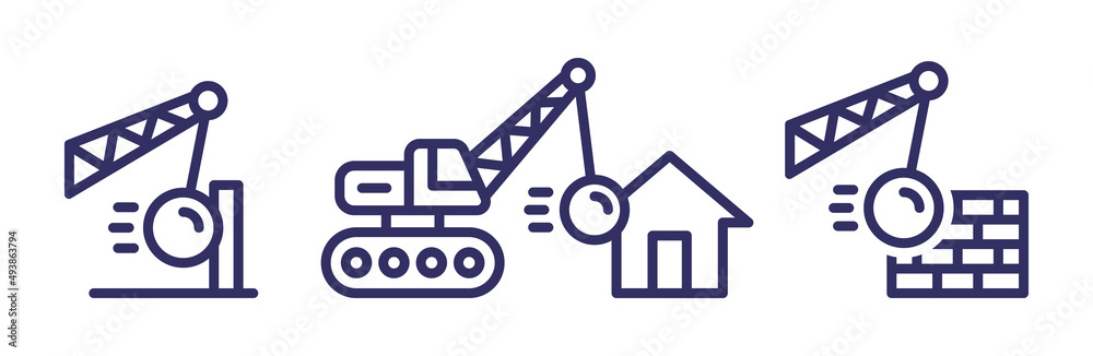 Demolish work icon set. Demolition crane symbol with construction ...